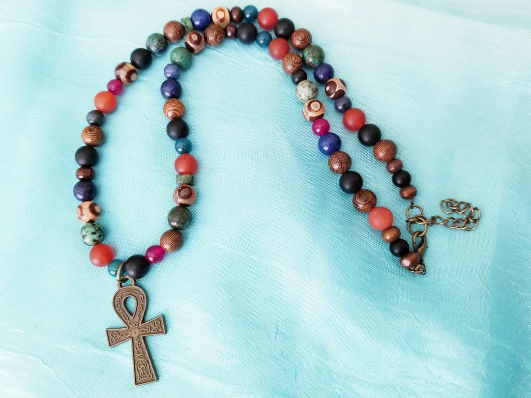 Multi Gemstone Boho Necklace, Jewelry for Men, Ankh Choker Necklace, Chakra Alignment, Crystal ...