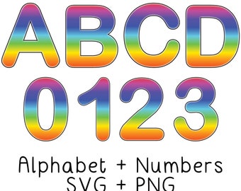 Pastel Rainbow Gradient A-Z 0-9 Alphabet and Numbers SVG and PNG Set ...