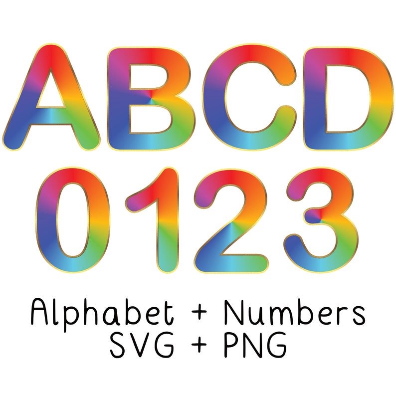 Bright Rainbow Glitter Border Gradient A-Z 0-9 Alphabet Numbers SVG and ...