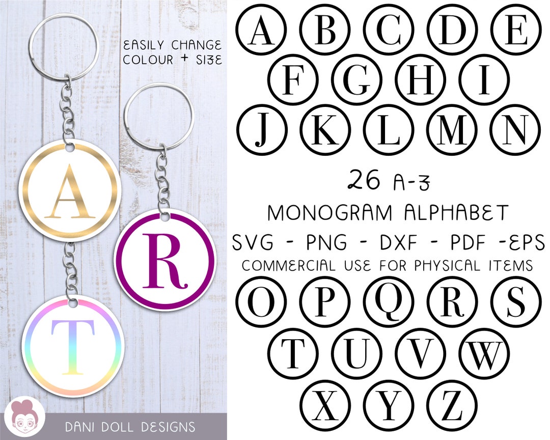 Monogram Alphabet A-Z Round SVG DXF PNG, Keychain Circle Pattern Svg ...