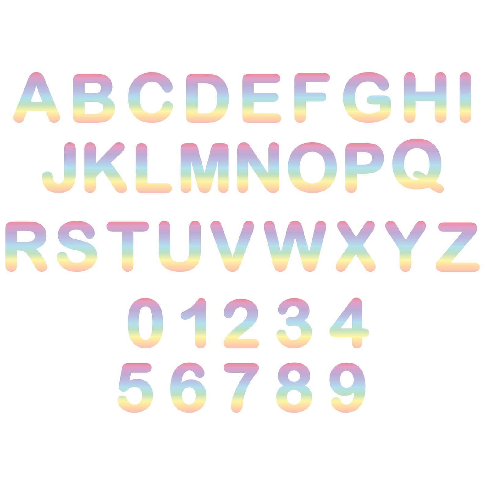 Pastel Rainbow Gradient A-Z 0-9 Alphabet and Numbers SVG and PNG Set ...