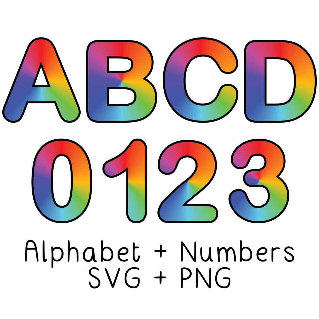 Rainbow Gradient Black Outline A-Z 0-9 Alphabet Numbers SVG and PNG Set ...