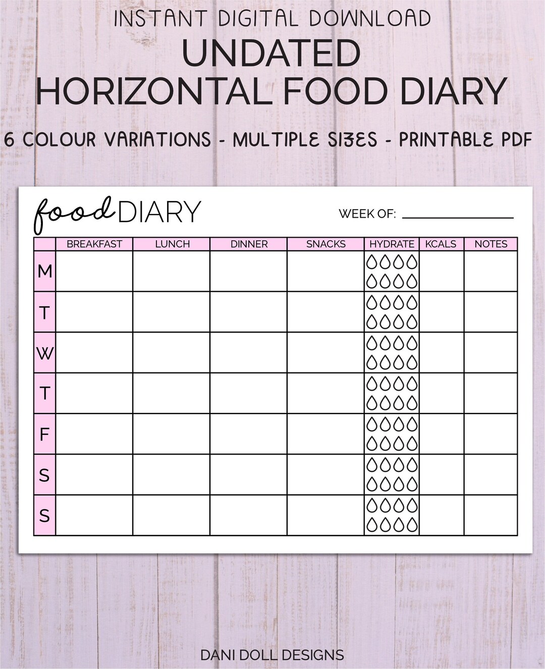 Horizontal Daily Food Diary Printable , Journal , Digital Diet , Weight ...