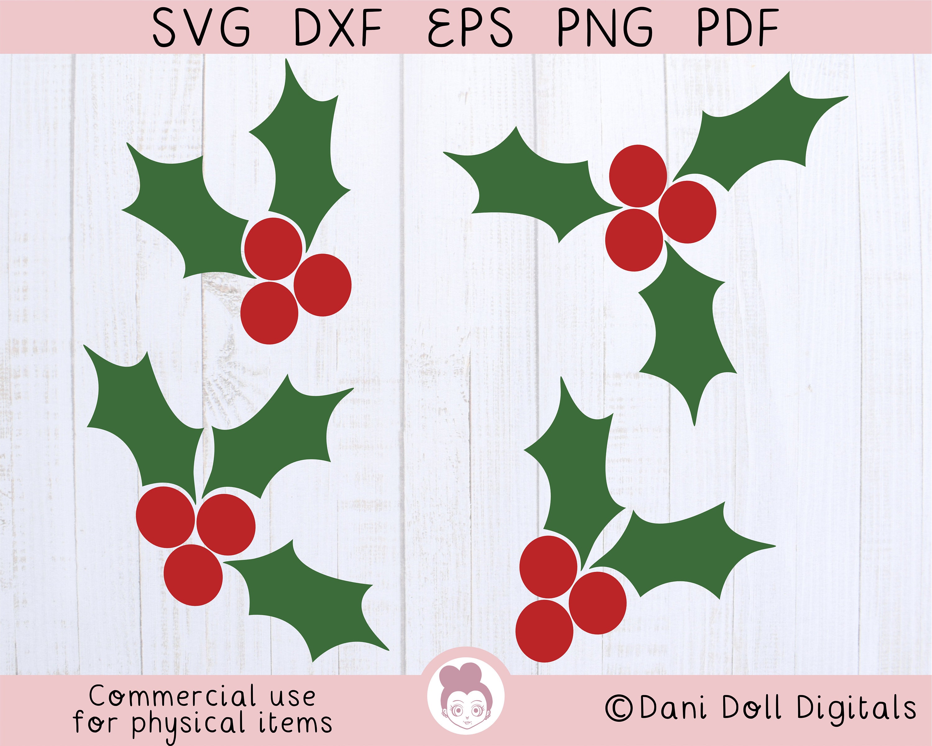 Holly Leaves and Berries SVG DXF PNG Clip Art, Xmas Festive Tree ...