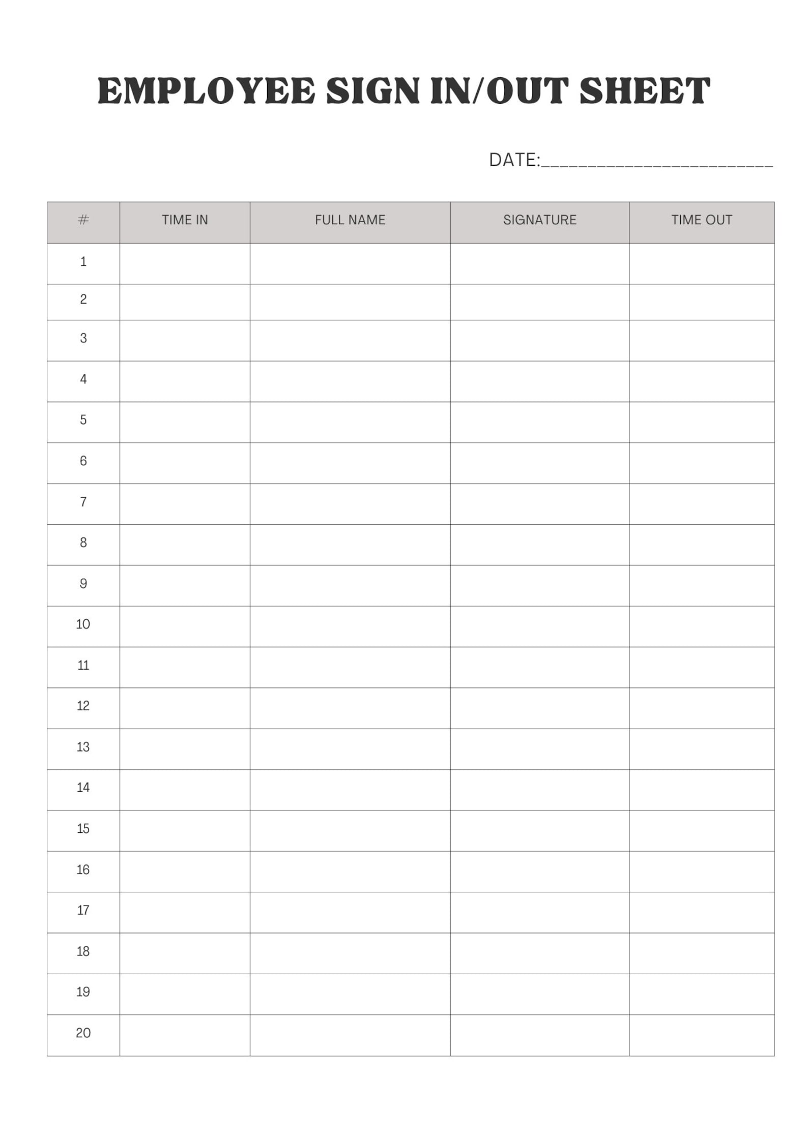 Printable Employee Sign in Sheet | Instant Download in Letter Size PDF ...