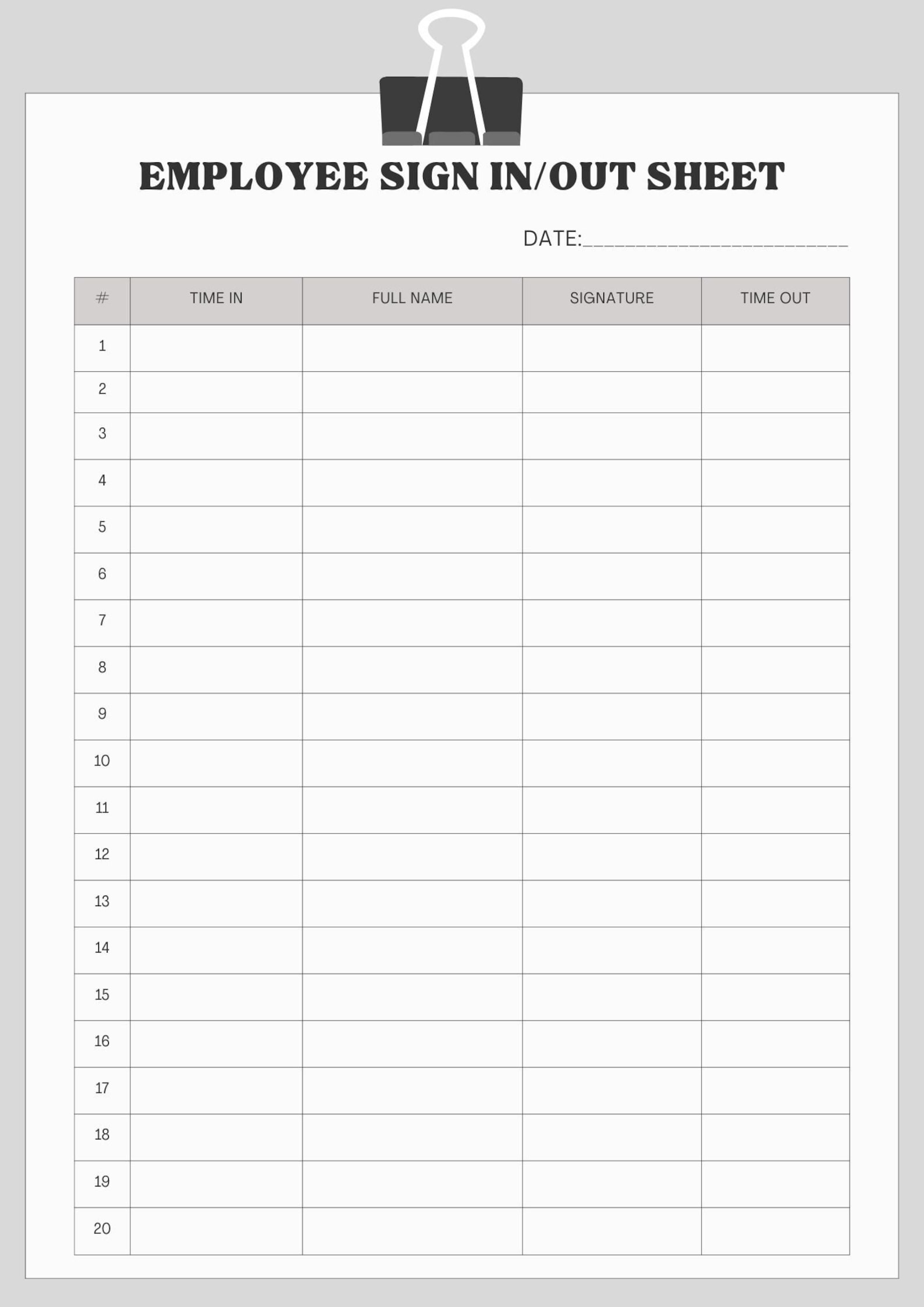Printable Employee Sign in Sheet | Instant Download in Letter Size PDF ...