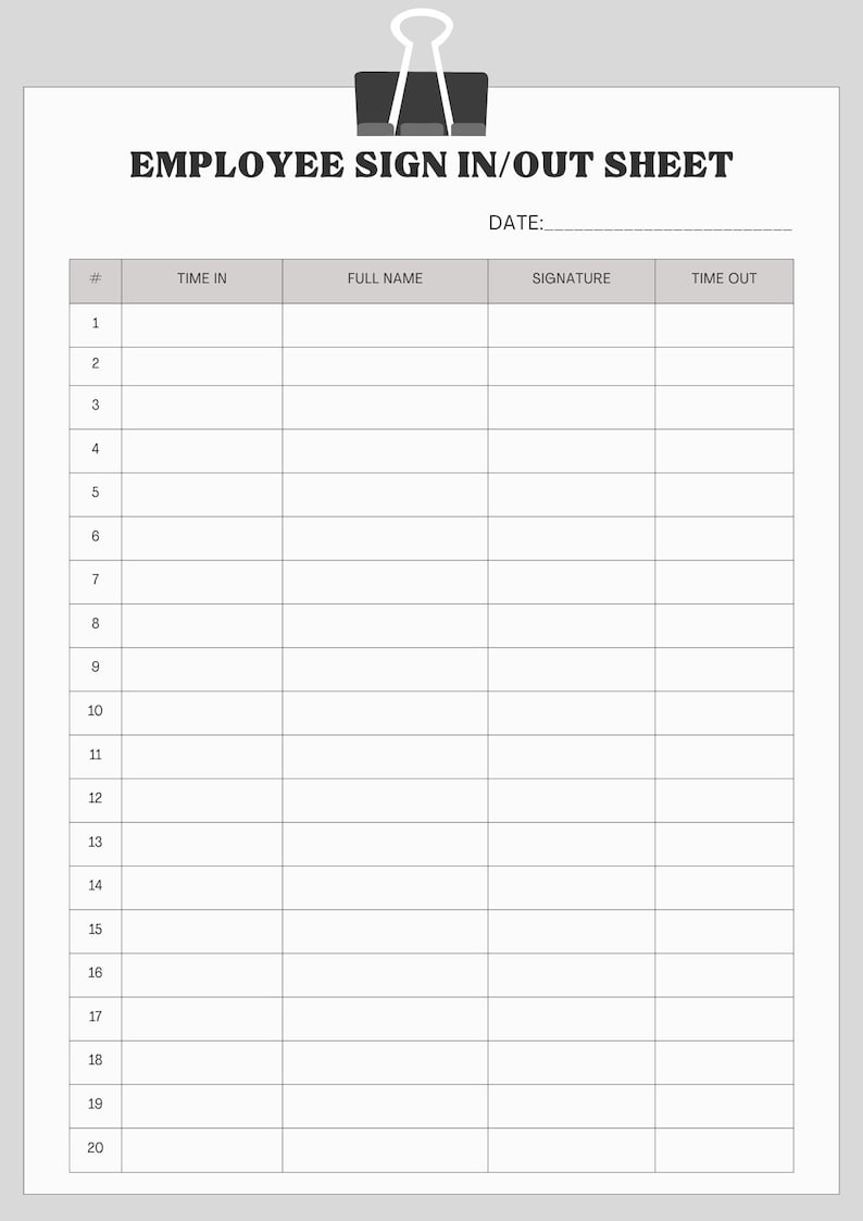 Printable Employee Sign in Sheet | Instant Download in Letter Size PDF ...