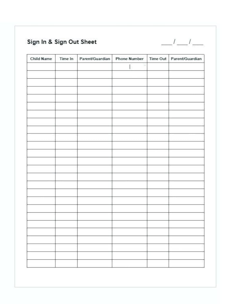 Editable Daycare Sign in Sheet in PDF and Word Format Summer Camp ...