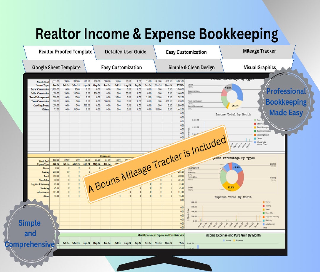 Realtor Bookkeeping Templates Google Sheets: Income and Expense Tracker ...