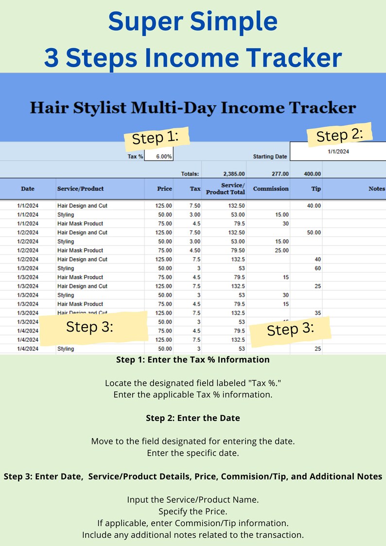 Hair Stylist Income Tracker Google Sheet and Excel Template - Manage ...
