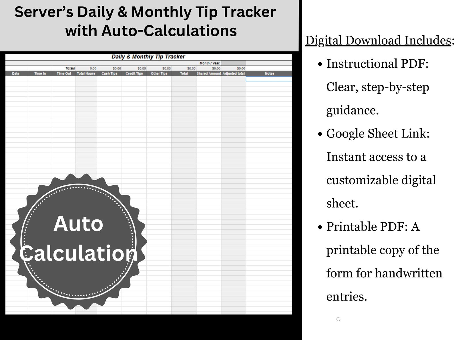 Server Tip Tracker: Excel Spreadsheet, Google Sheets, Printable PDF ...