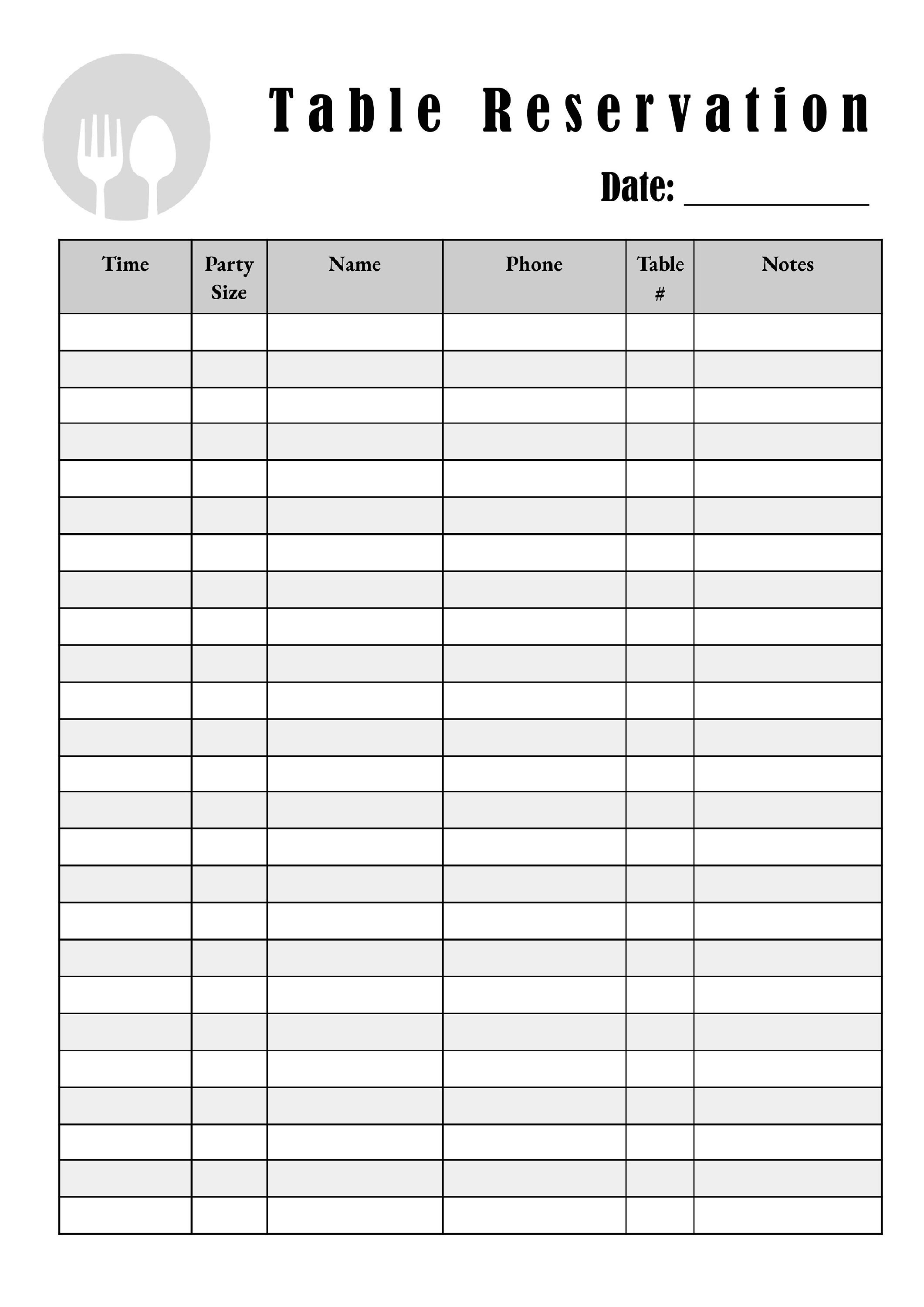Printable Restaurant Table Reservation Form | Restaurant Guest Table ...