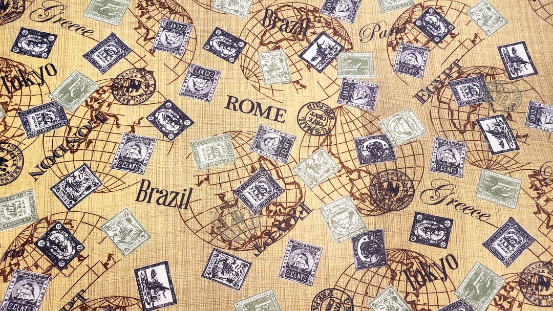 Around the World Postage Stamps Material by the Yard and is 100% Cotton ...