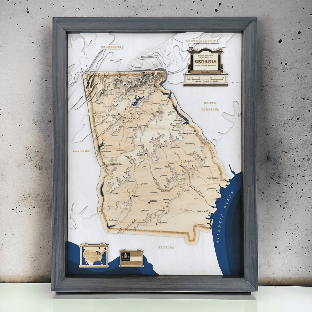 Georgia 3D Carved Wooden Topographic State Map Art Framed USA - Etsy