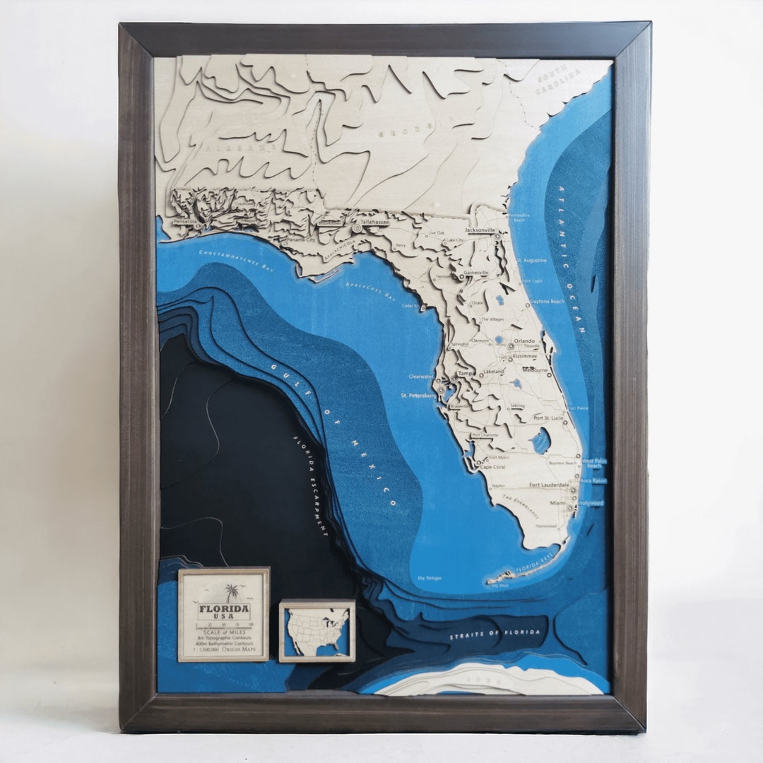 Florida Wooden Map Art Gift Unique Topographic Contour 3D State Map - Etsy