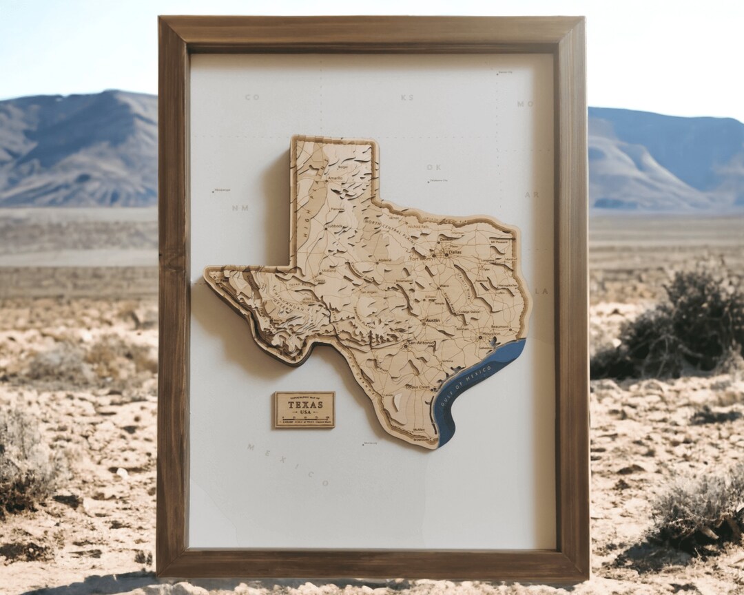 Texas Wooden Topographic Framed Map Unique 3D Gift - Etsy