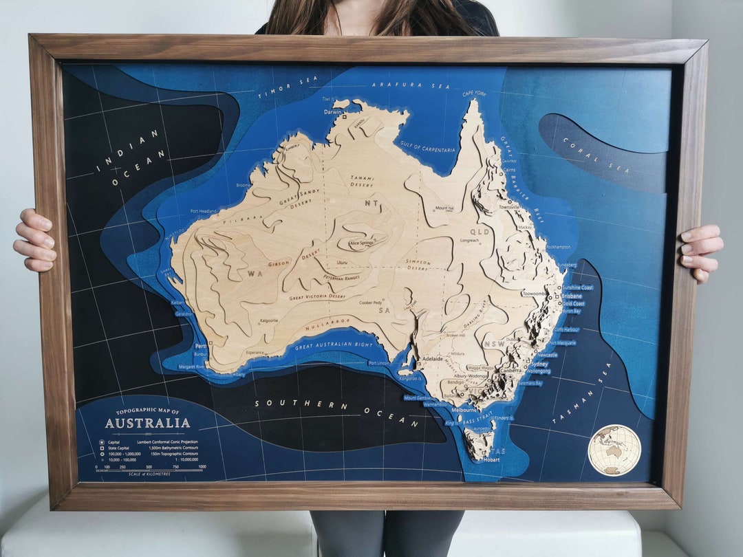Australia Gift Map for Travelers and Tourists Topographic Wooden Framed ...