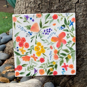 Watercolor Flowers and Butterflies Hand Painted Ceramic Tile/ Ornament ...