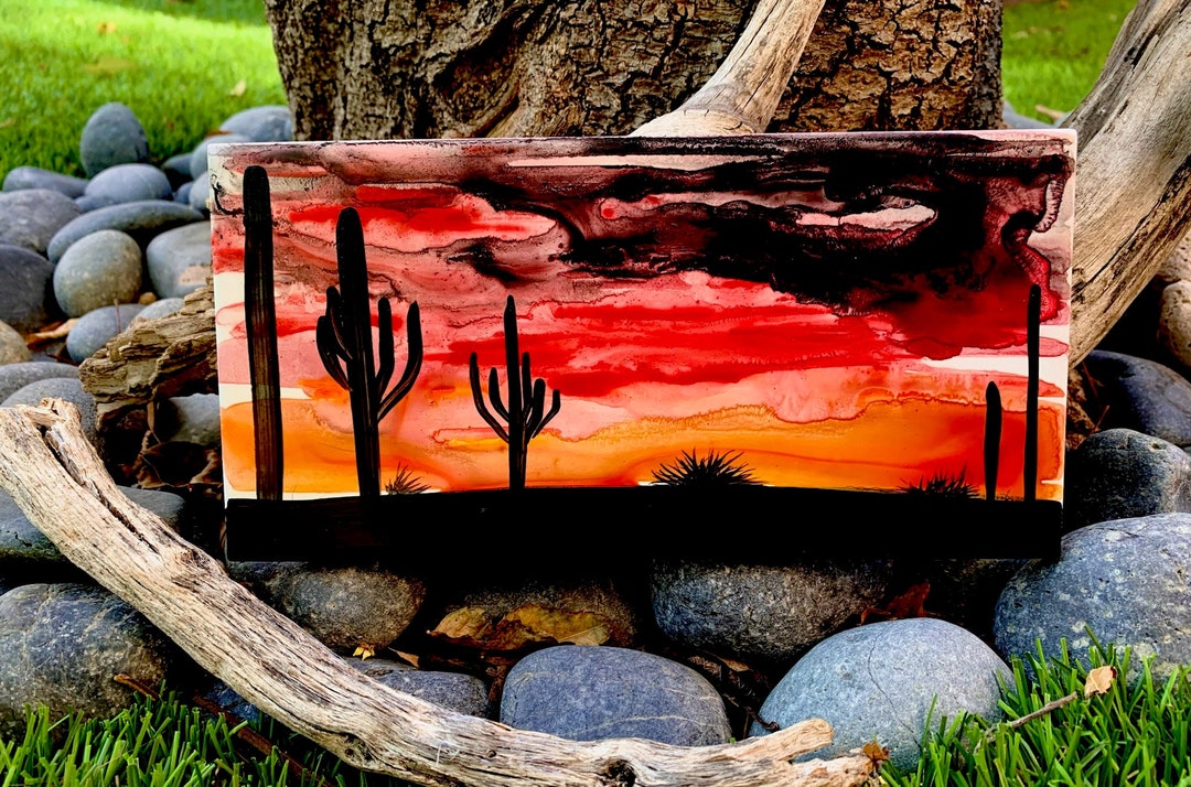 Arizona Sunset Hand Painted Ceramic Tile/ Ornament/ Wall Art/ Home ...