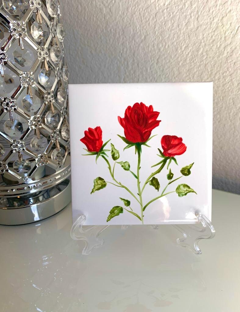 Red Roses Hand Painted Ceramic Tile/ Ornament/ Wall Art/ Home | Etsy