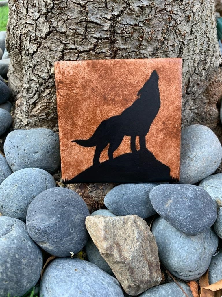 Howling Wolf Silhouette Hand Painted Ceramic Tile/ Ornament/ Wall Art ...