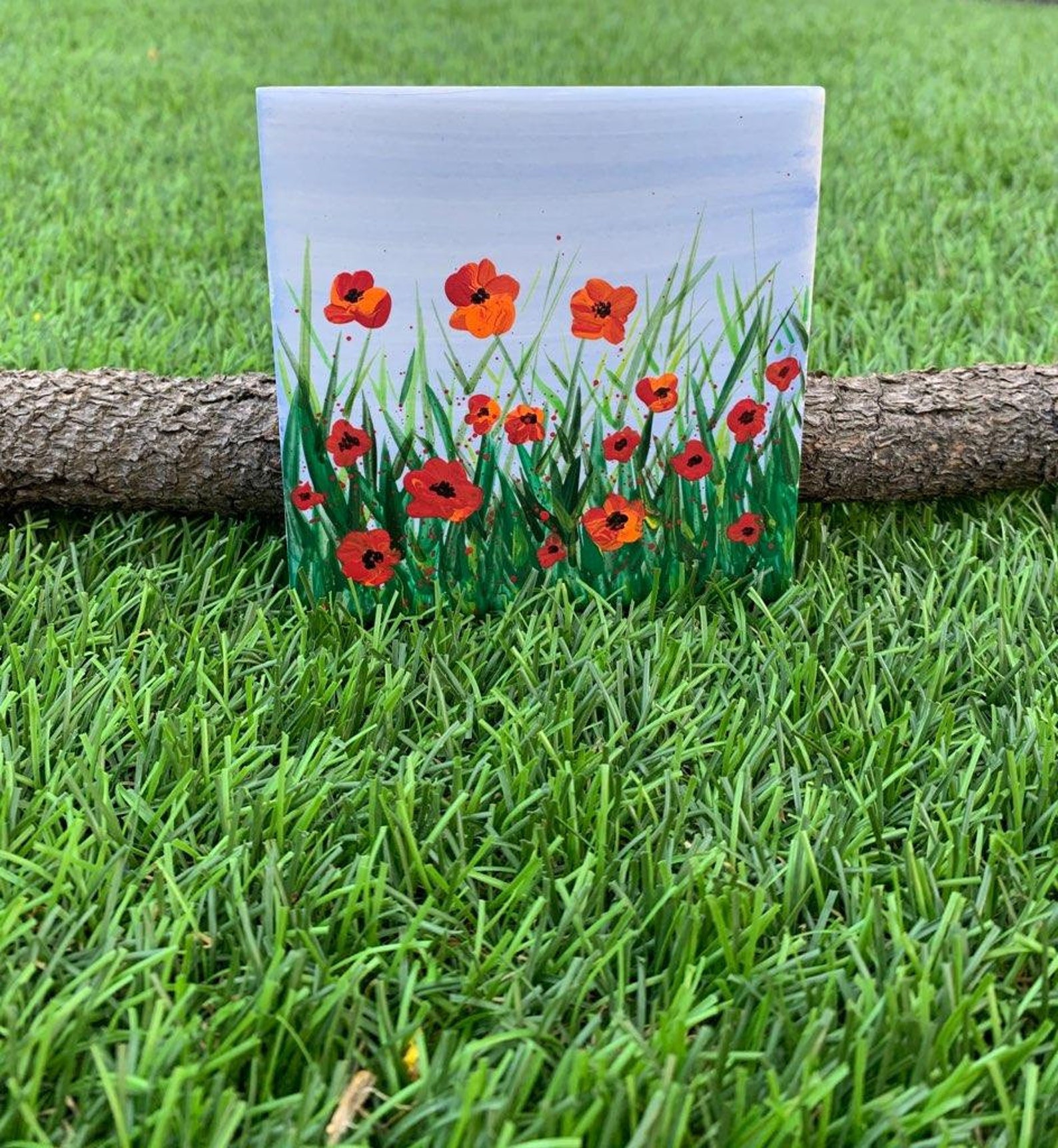 Red Poppy Field Hand Painted Ceramic Tile/ Ornament/ Wall Art/ Home ...