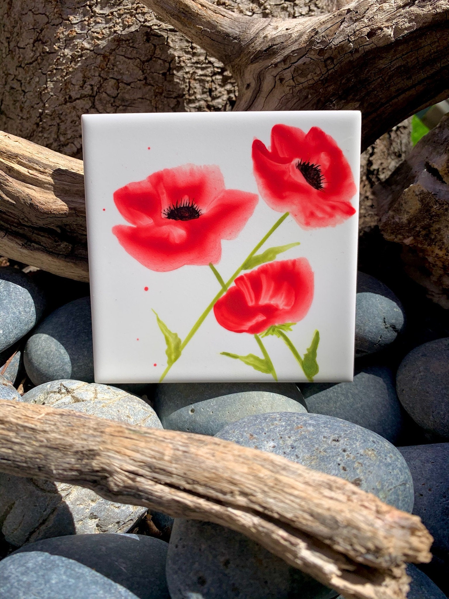 Red Poppies Hand Painted Ceramic Tile/ Ornament/ Wall Art/ Home Decor ...