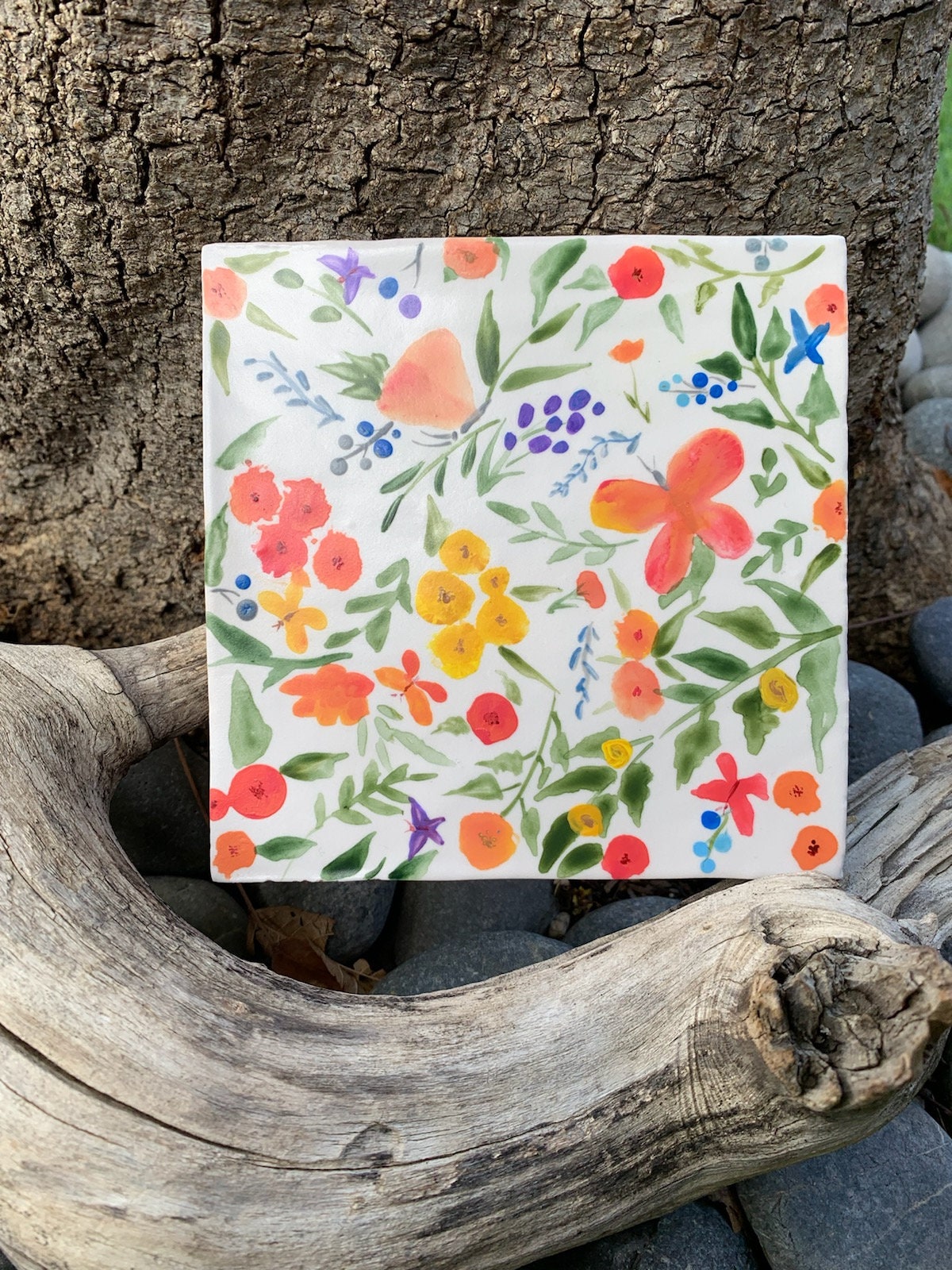 Watercolor Flowers and Butterflies Hand Painted Ceramic Tile/ | Etsy