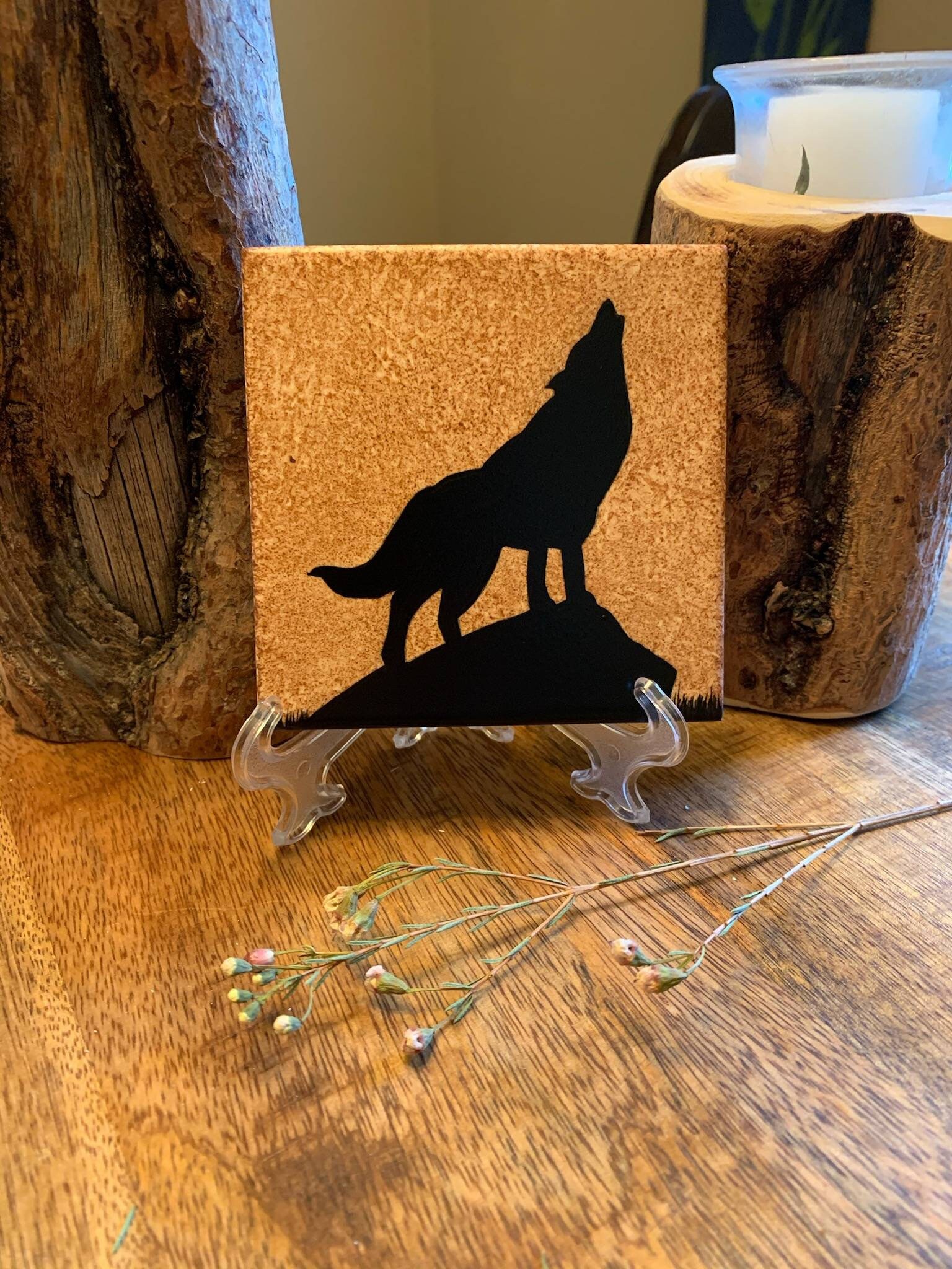 Howling Wolf Silhouette Hand Painted Ceramic Tile/ Ornament/ Wall Art ...