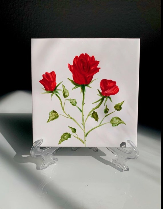 Red Roses Hand Painted Ceramic Tile/ Ornament/ Wall Art/ Home | Etsy