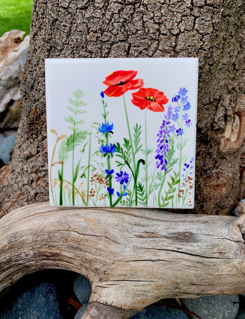 Wildflowers in Tall Grass Garden Hand Painted Ceramic Tile/ Ornament ...
