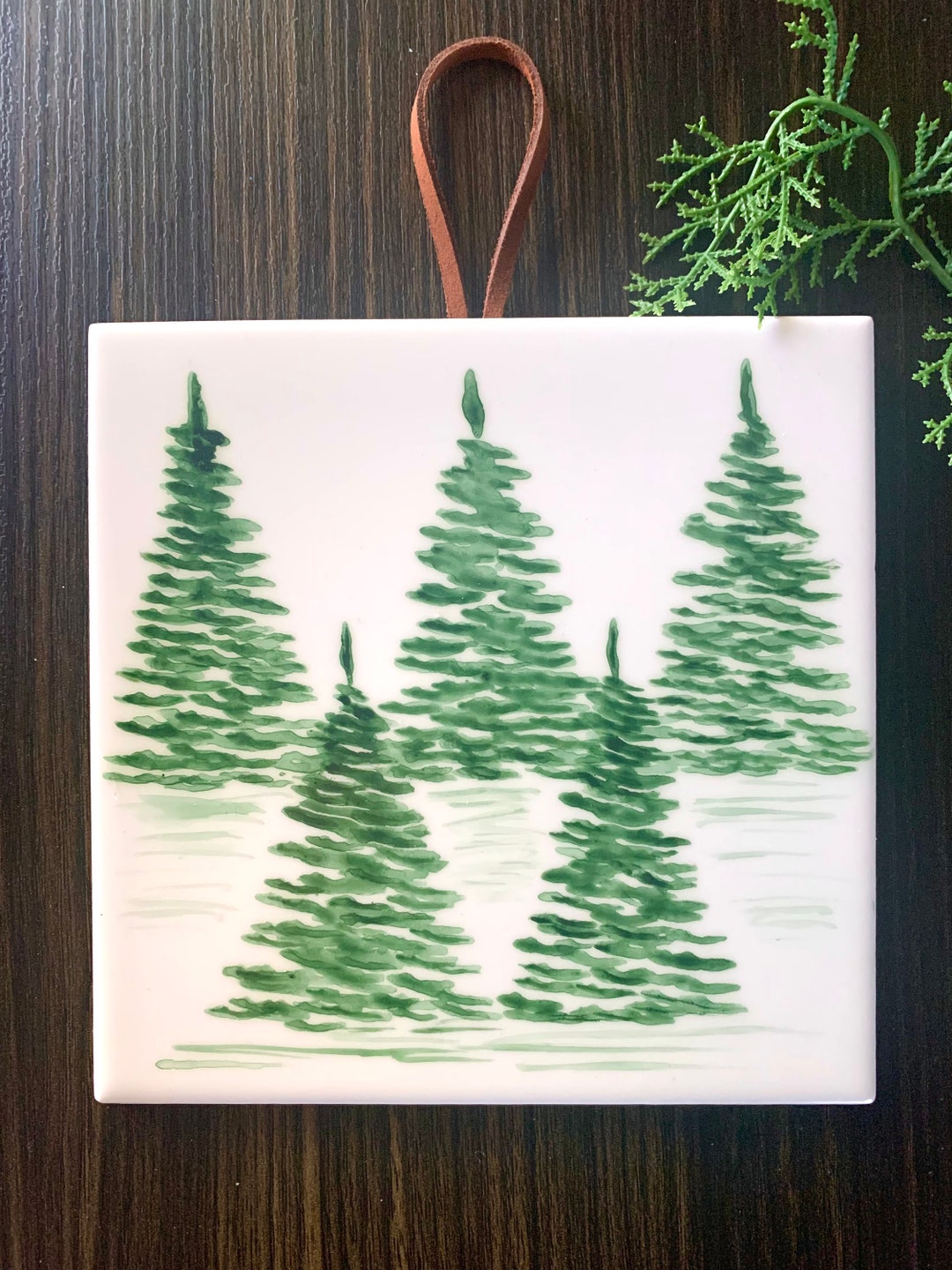 Evergreen Forest Hand Painted Ceramic Tile/ Ornament/ Wall Art/ Home ...