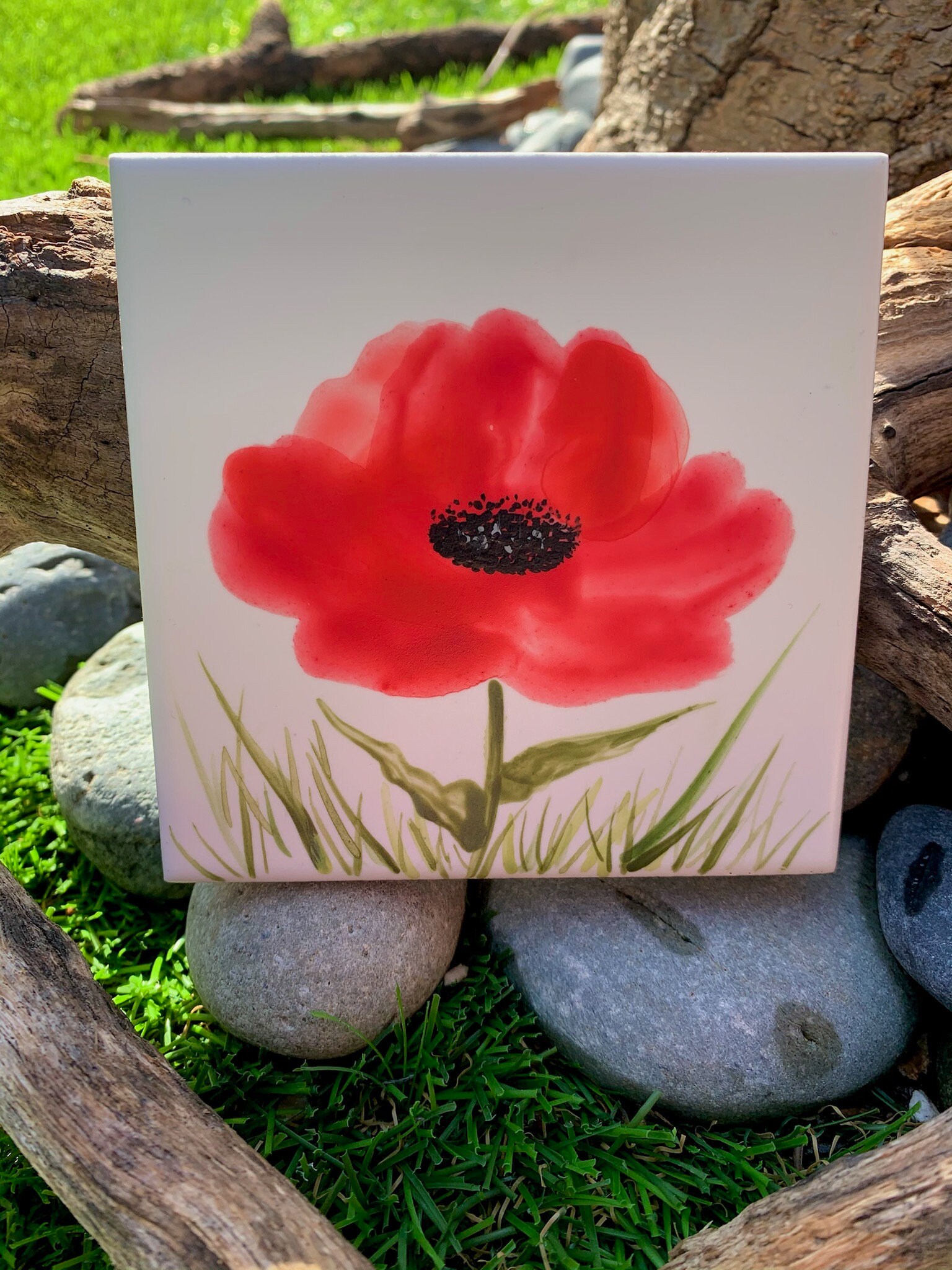 Red Poppy Hand Painted Ceramic Tile/ Ornament/ Wall Art/ Home | Etsy