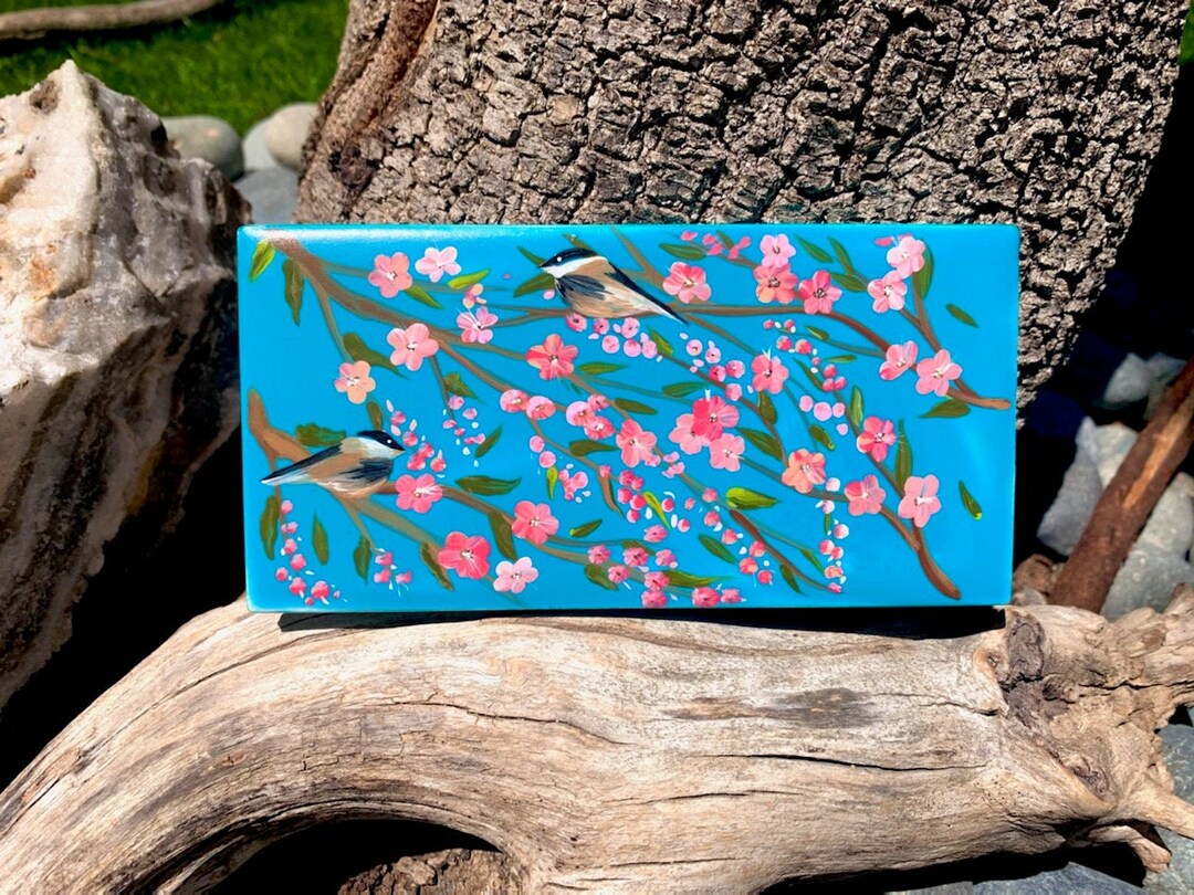 Pink Blossom Chickadees Hand Painted Ceramic Tile/ Ornament/ Wall Art ...