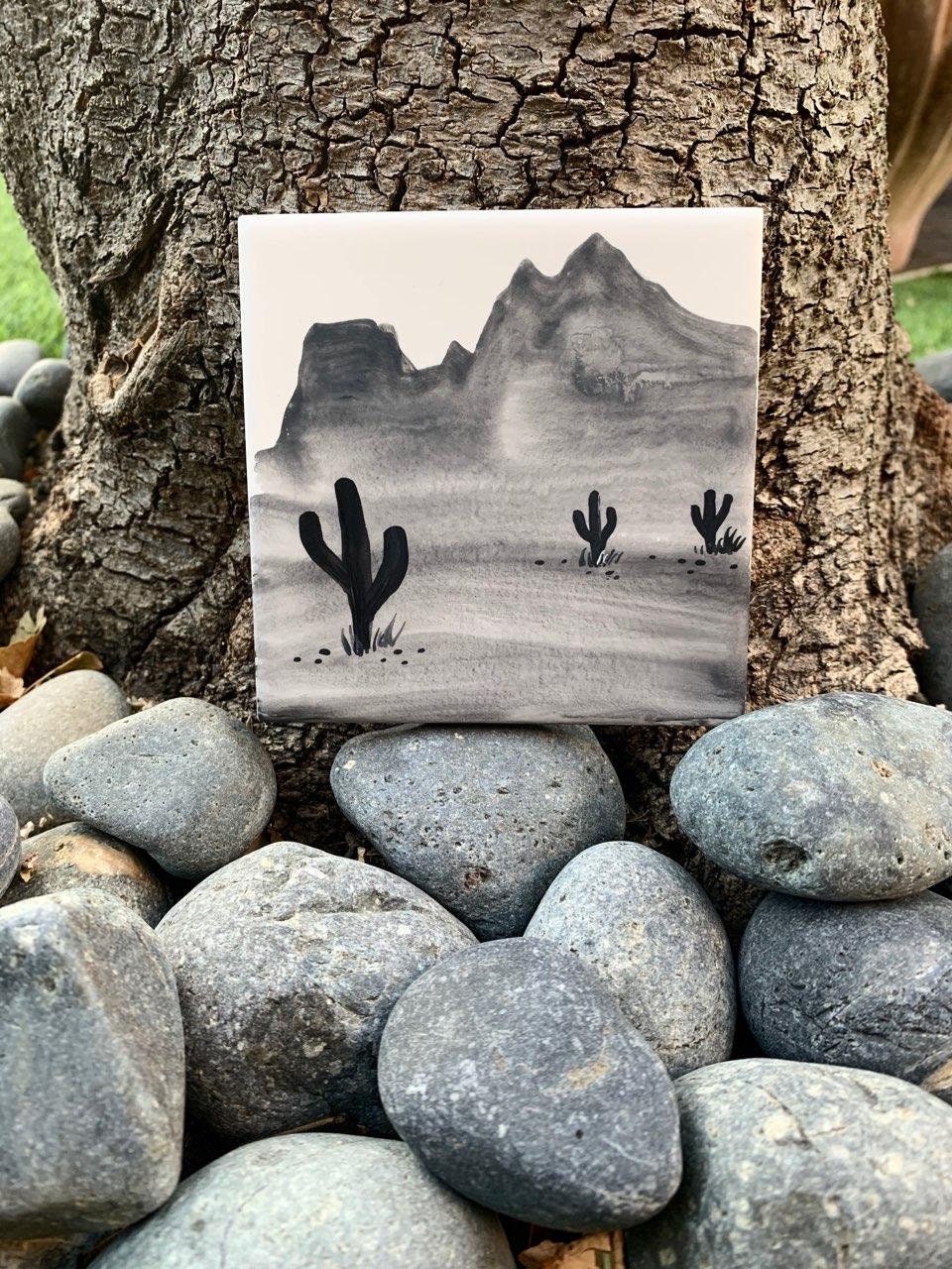 Black and White Desert Scene Hand Painted Ceramic Tile/ - Etsy