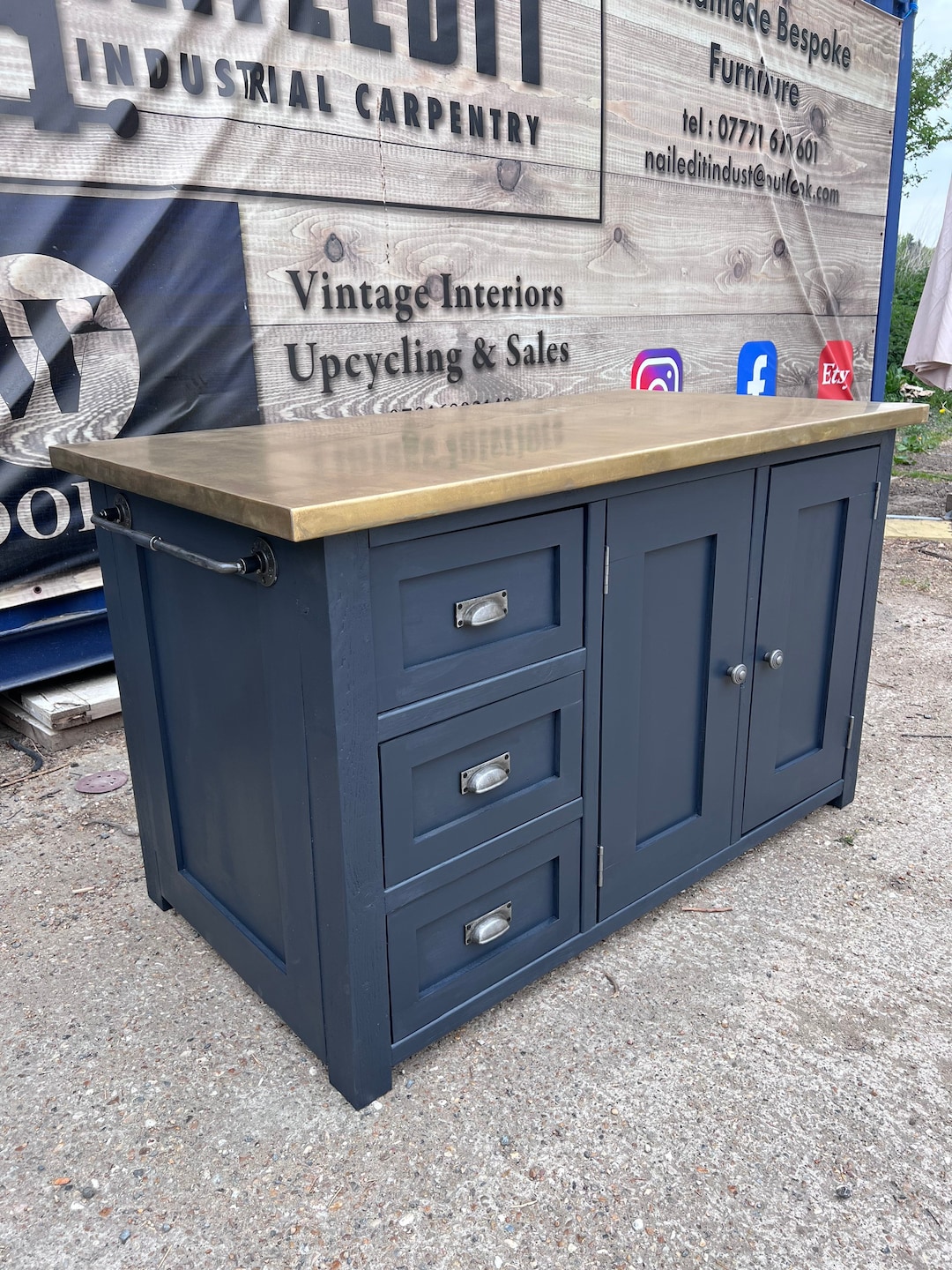 Shaker Style Kitchen Island With Breakfast Bar and Brass Top - Etsy UK
