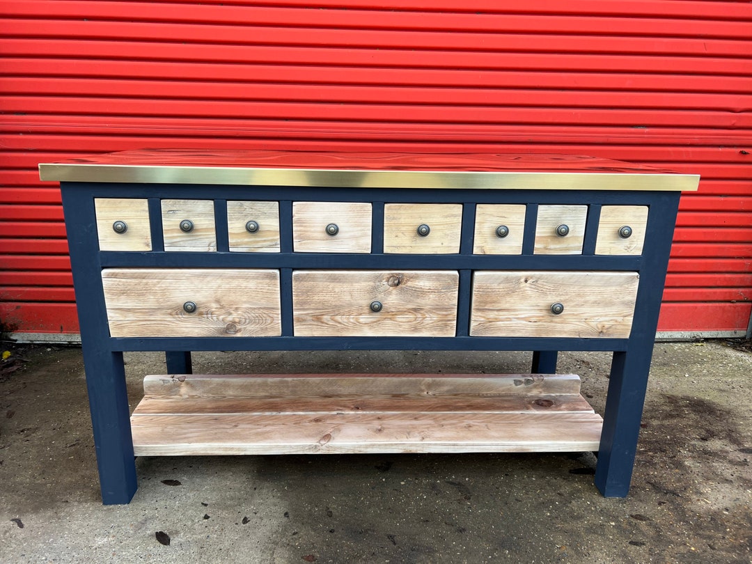 Rustic Haberdashery Style Kitchen Breakfast Bar Island With Brass Top ...