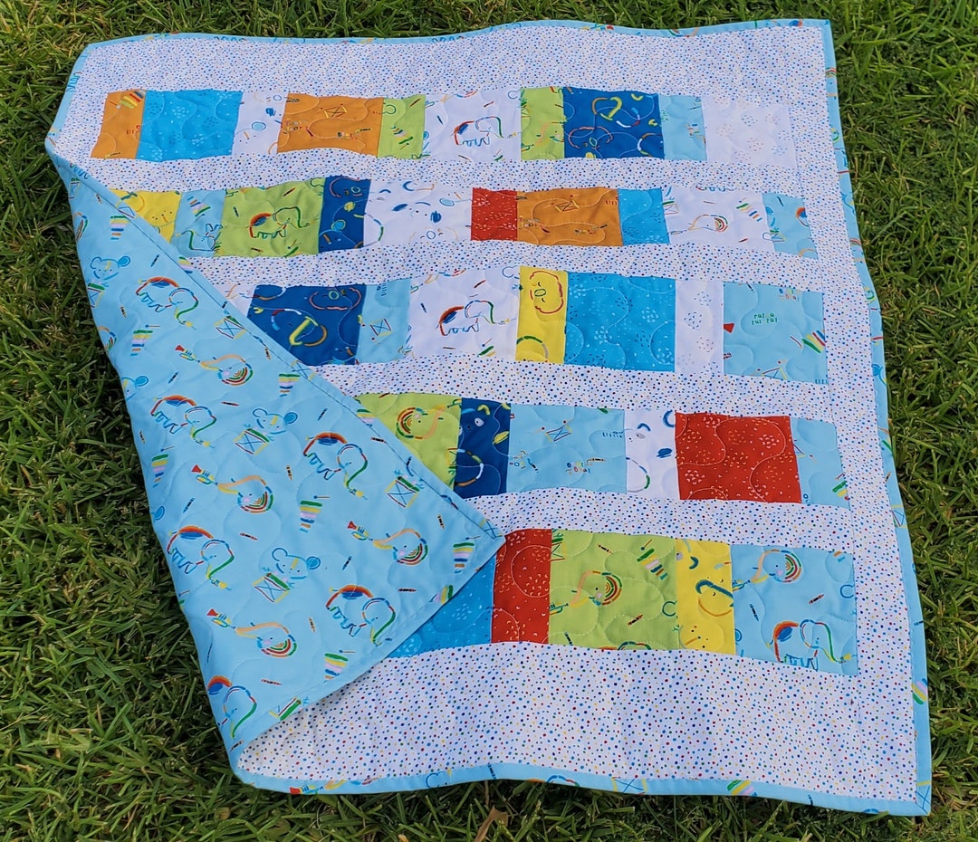 Our Little Band Reversible Handmade Baby Quilt Crayons Elephants Blue ...