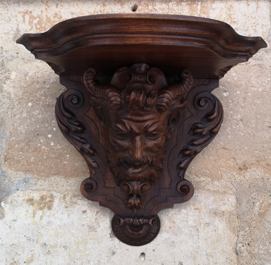 Faun Satyr Bacchus Carved Wood Devil Wall Art Horned Devil Demon Wall ...