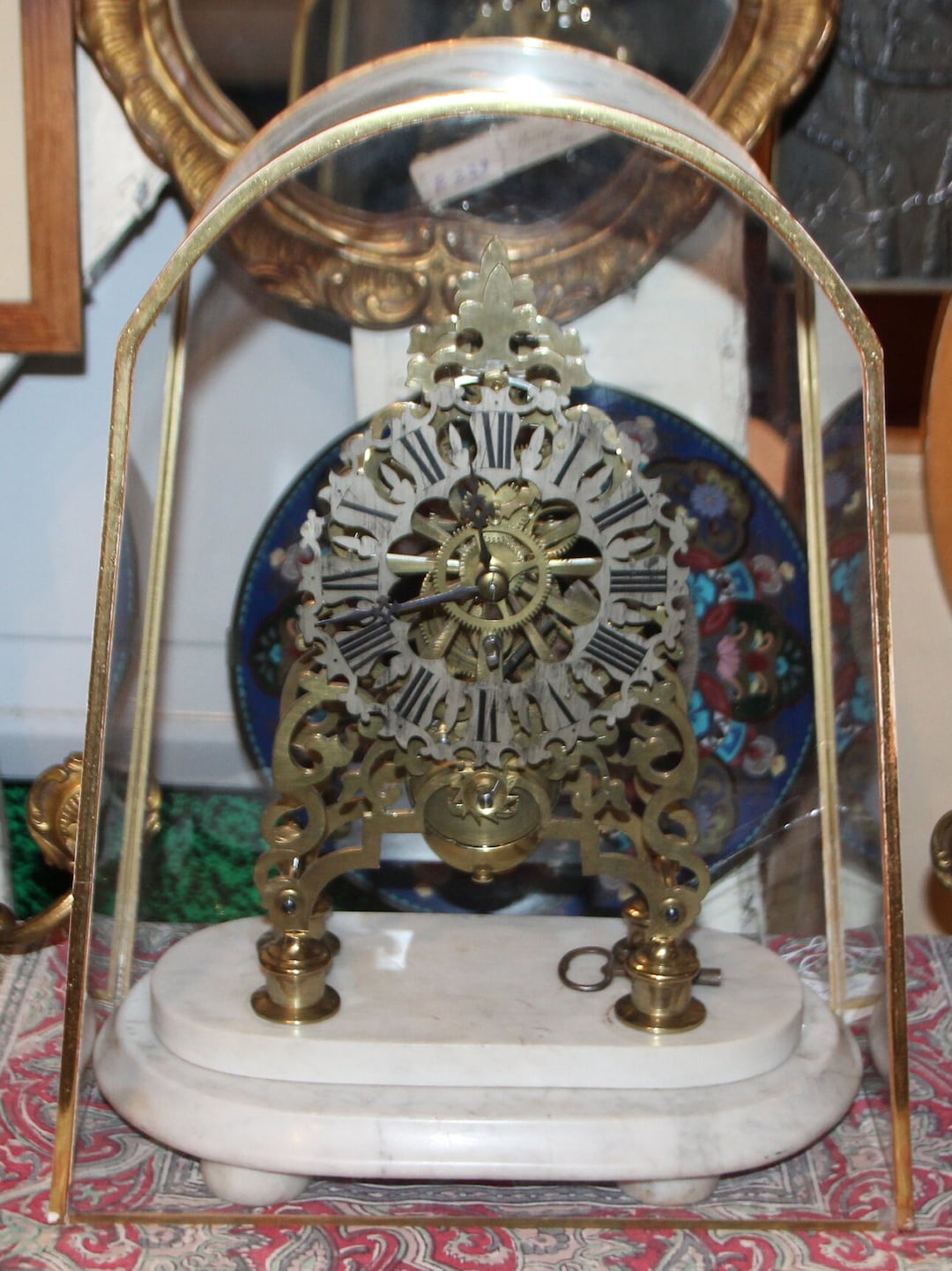 French Antique 19th Century Skeleton Clock Glass Dome Globe Gold Desk ...