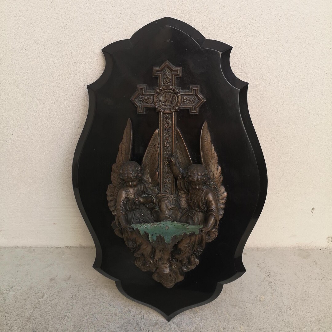 Large Holy Water Stoup Angels Wall Cross Holy Water Font Christian ...
