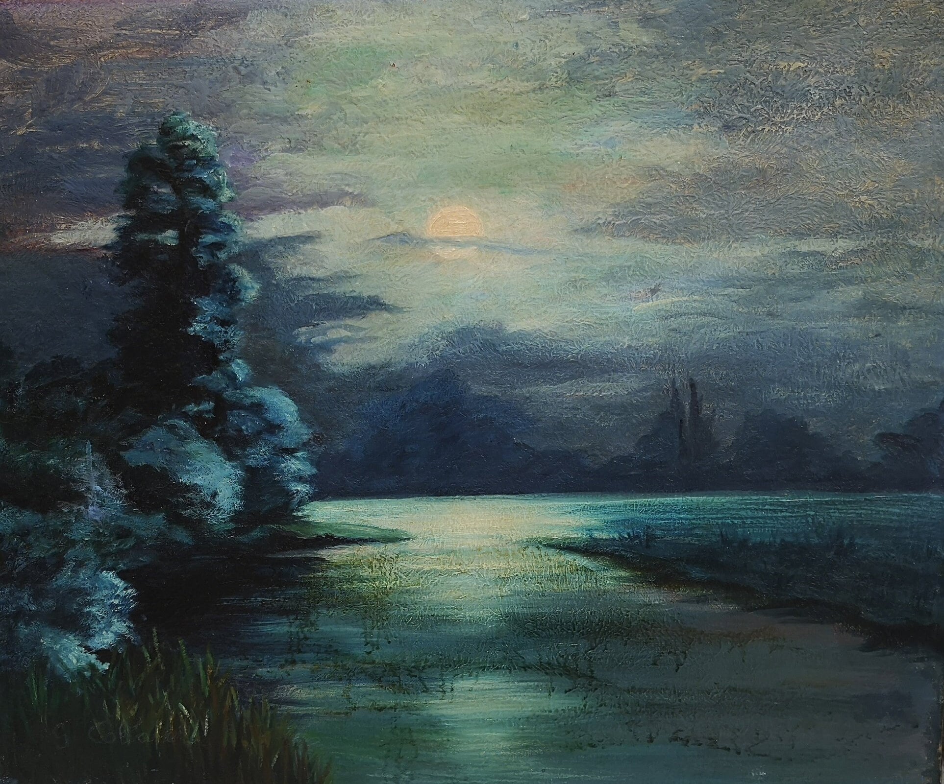 Blue Landscape Painting Blue Lake Art Blue Wall Decor G Collard French ...
