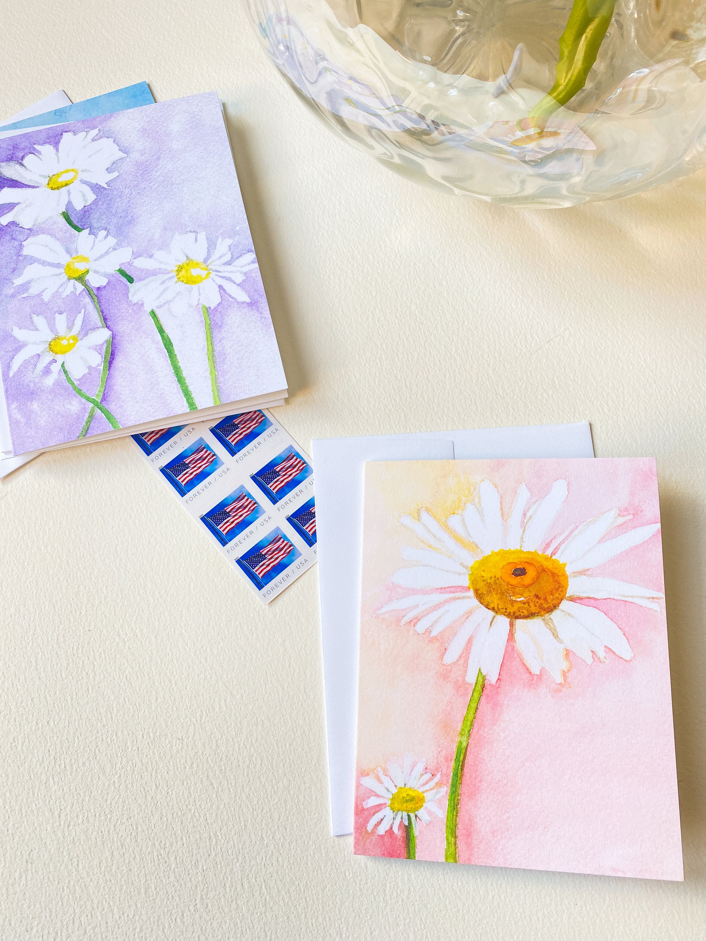 Floral Daisy Note Card Set Watercolor Flowers Folded Stationery 8 or 4 ...