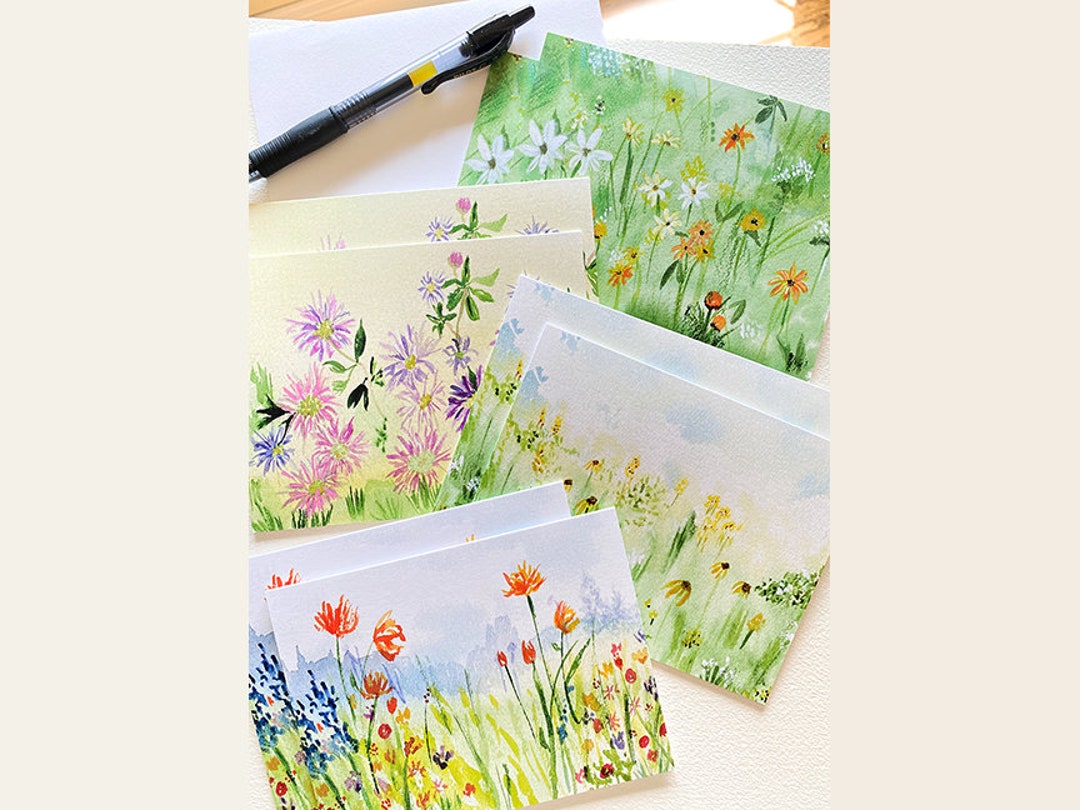 Floral Blank Note Cards Folded Stationery Watercolor Flowers in Fields ...