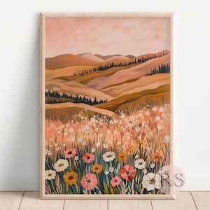 Boho Wildflower Mountain Landscape Painting Art Print | Boho Sunset ...