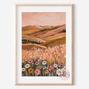 Boho Wildflower Mountain Landscape Painting Art Print | Boho Sunset ...