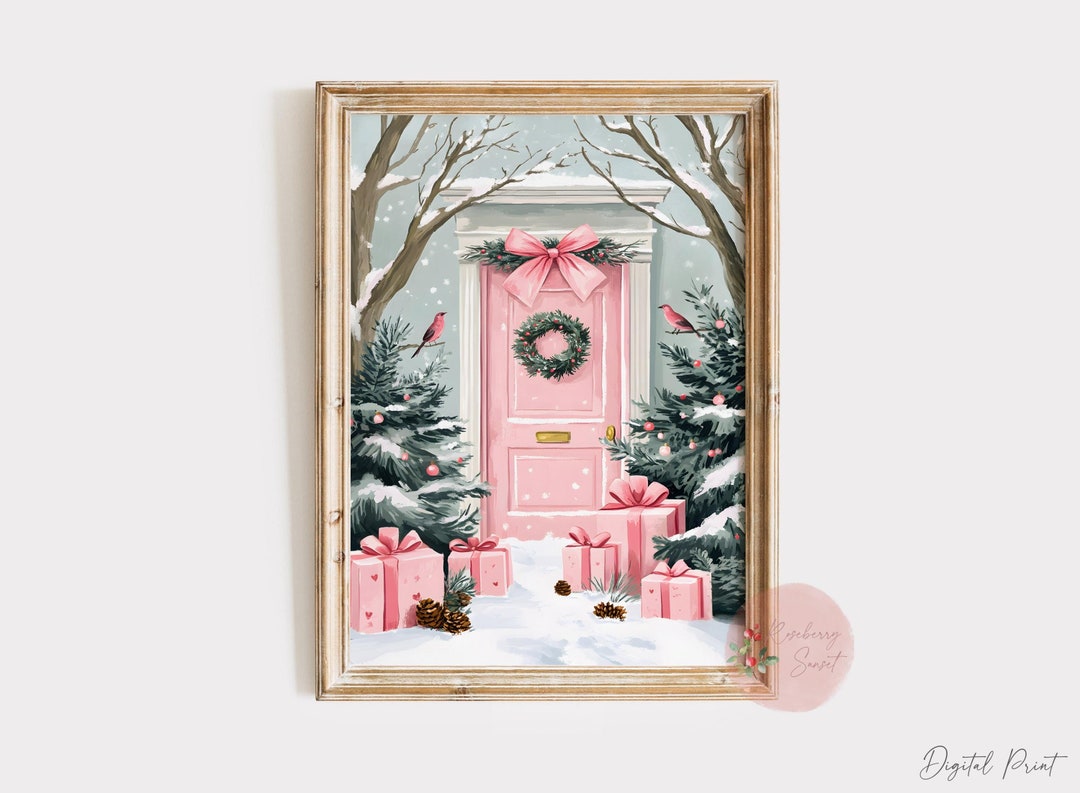 Pink Bow Front Door Presents Coquette Christmas Painting Art Print ...