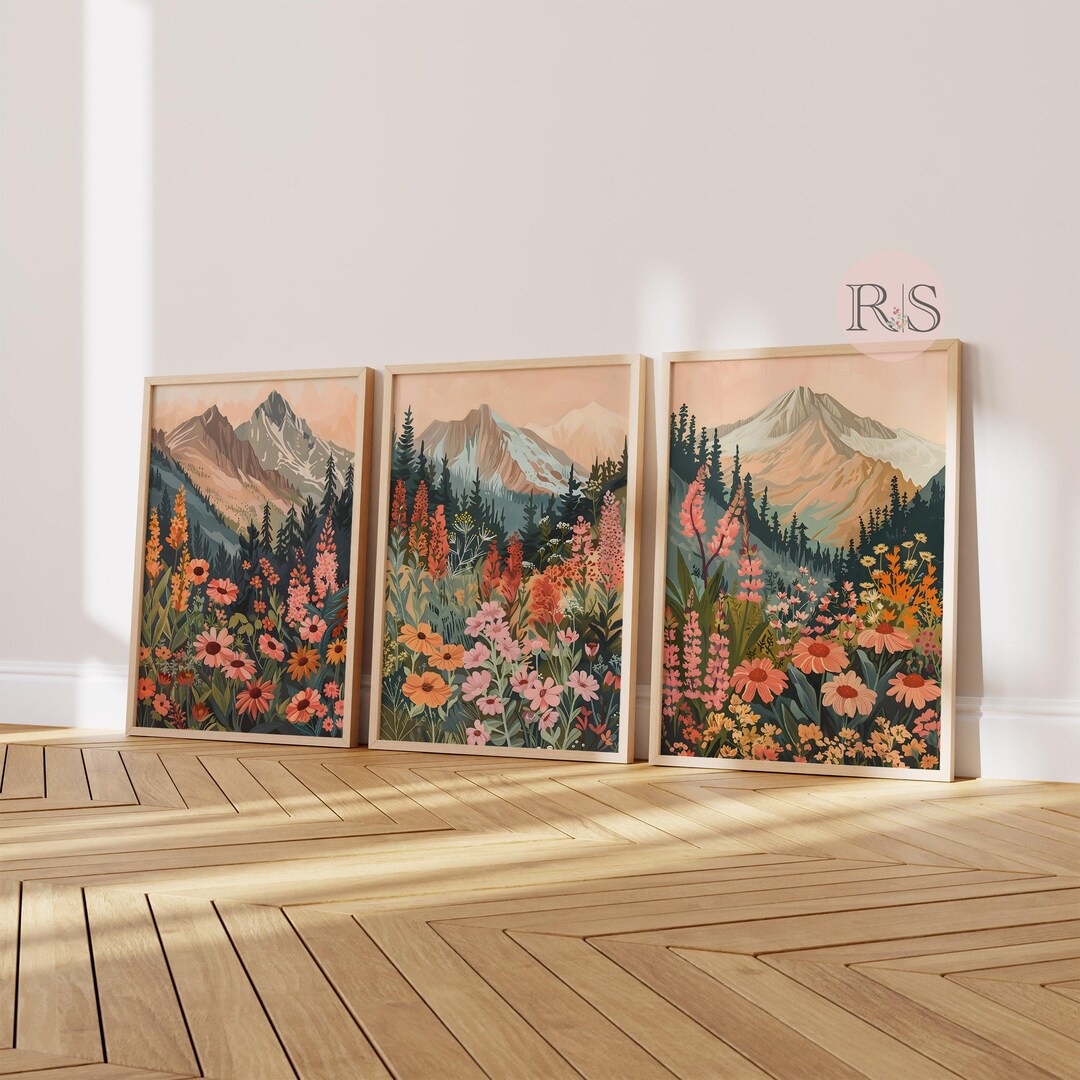 Boho Wildflower Mountain Art Print Set: Pink & Orange Floral Landscape ...