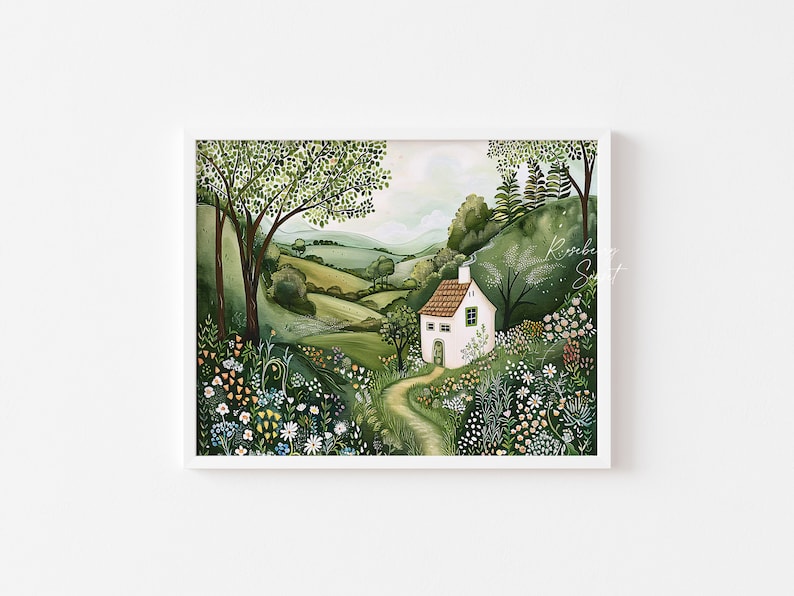 Spring Wildflower Cottage Art Print: Whimsical Cottage Countryside ...