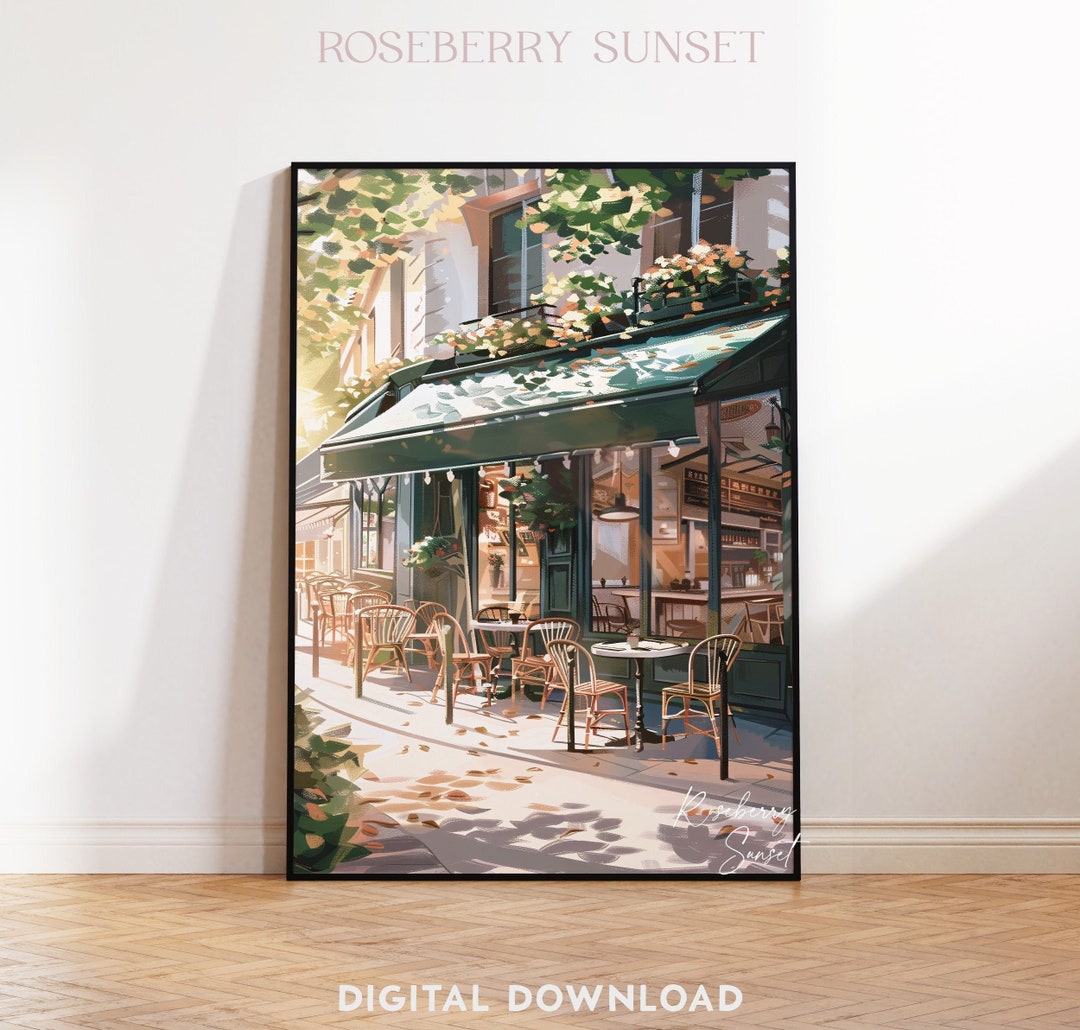 Cozy Coffee Shop French Cafe Art Print: Spring Corner Bistro Kitchen ...